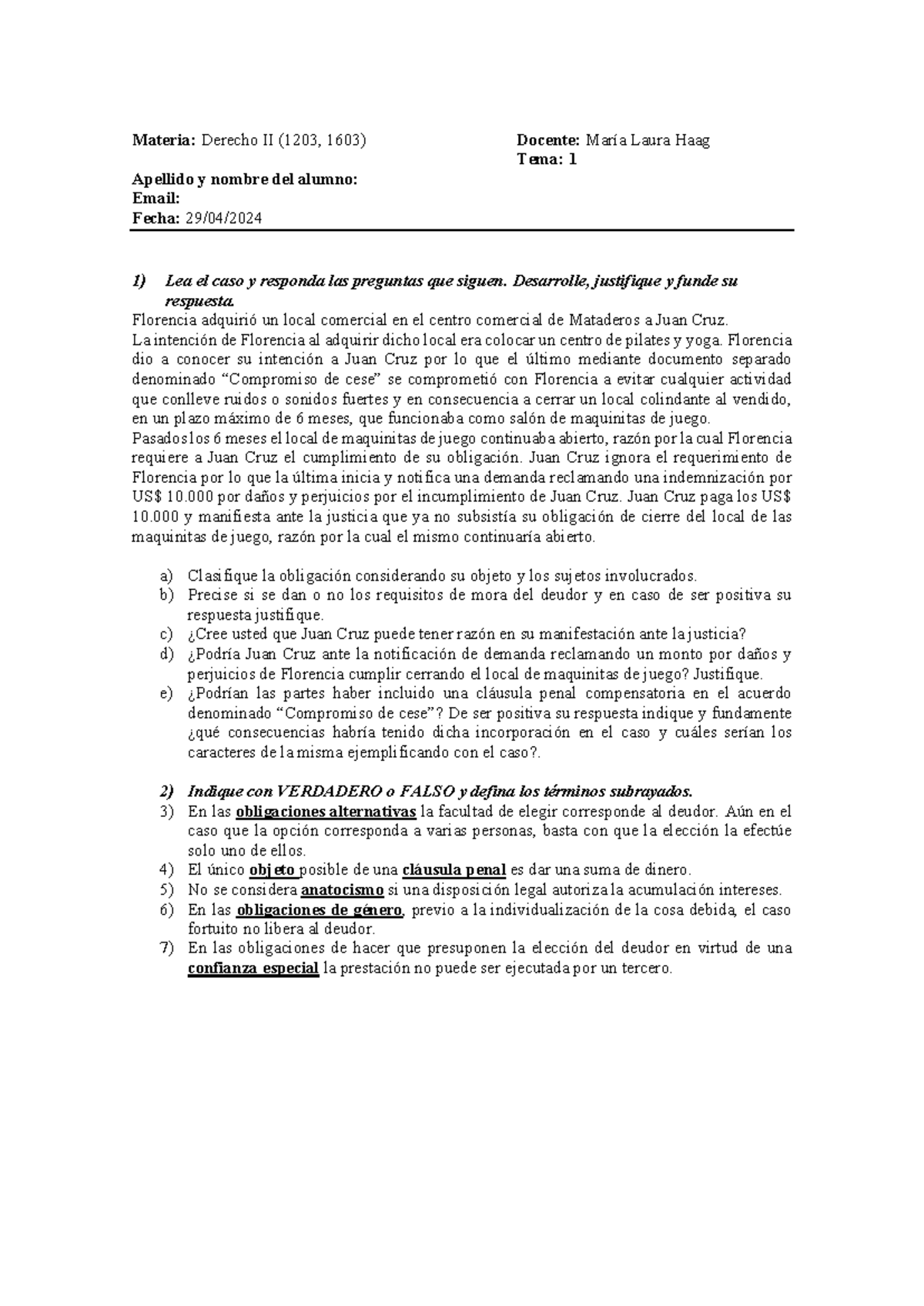 Tema 1 _ 1ER PARCIAL - Materia: Derecho II (1203, 1603) Docente: María ...