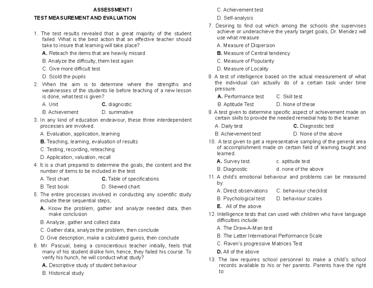 5 Assessment - education let review - ASSESSMENT I TEST MEASUREMENT AND ...