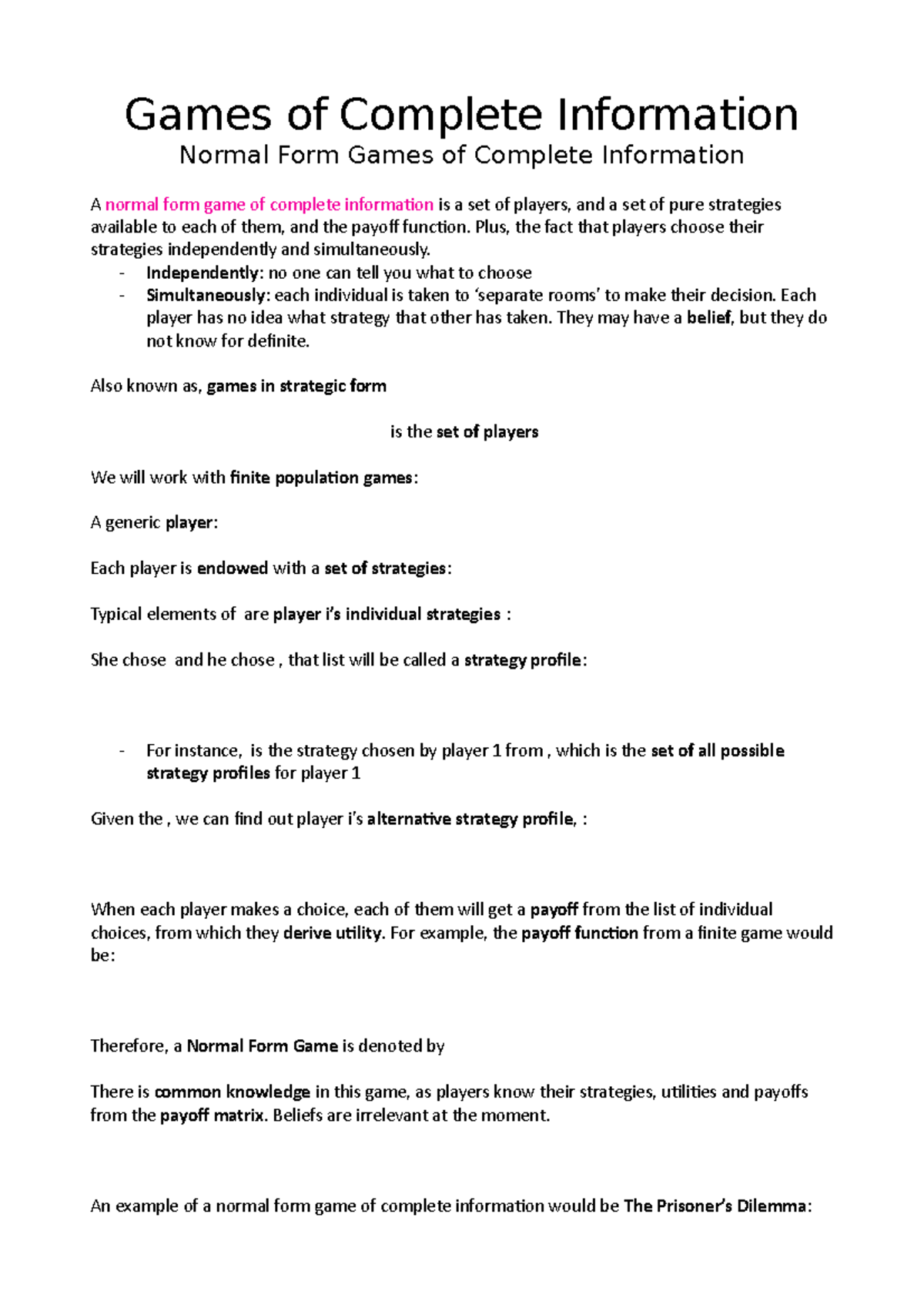 Game Theory Exam Notes - Games of Complete Information Normal Form ...