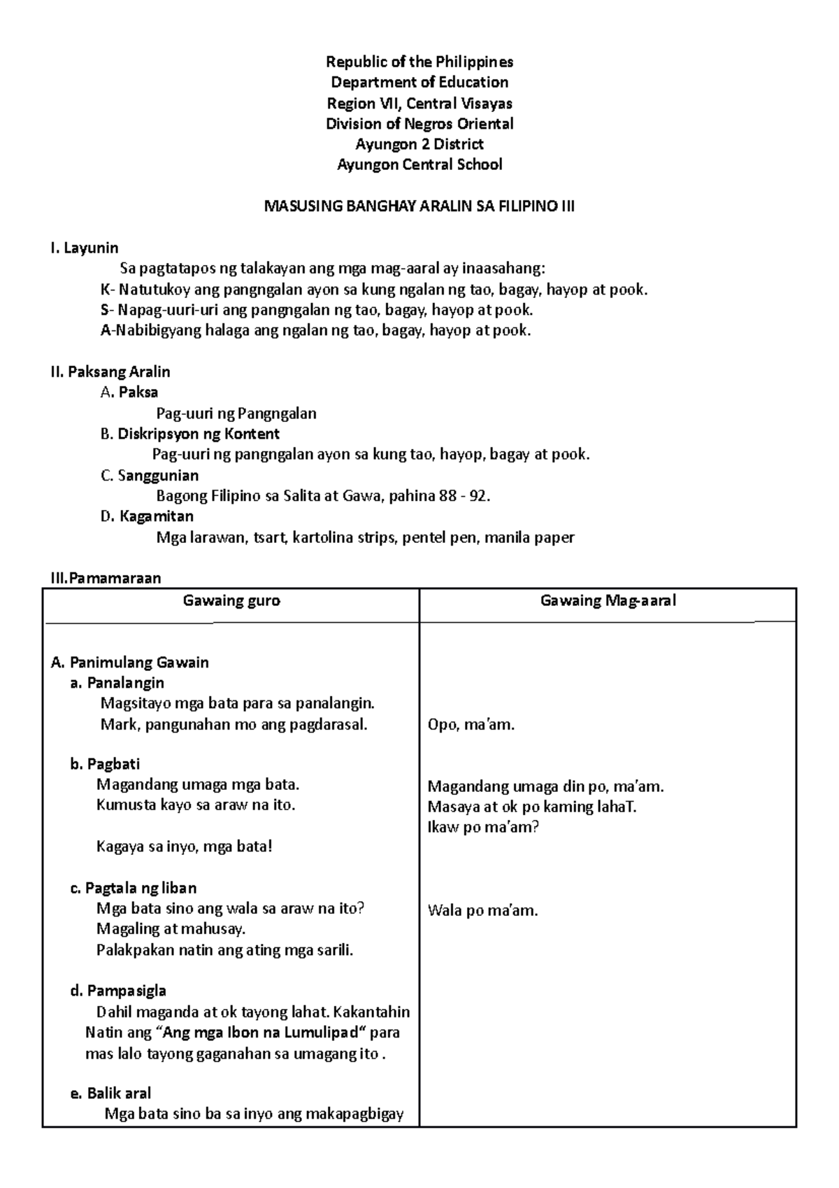 Lesson plan for final demo - Republic of the Philippines Department of ...