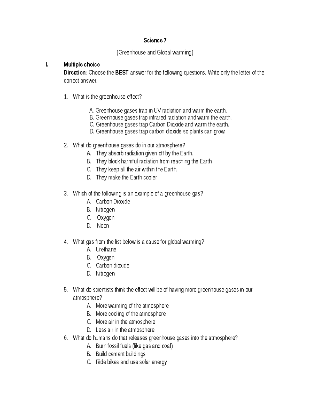 Science quiz about greenhouse effect and global warming - Science 7 ...