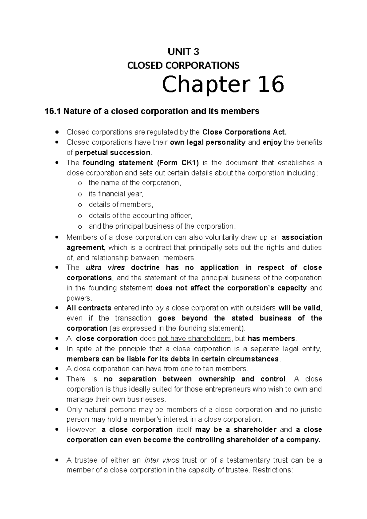 UNIT 3 Summary - notes - UNIT 3 CLOSED CORPORATIONS Chapter 16 16 ...