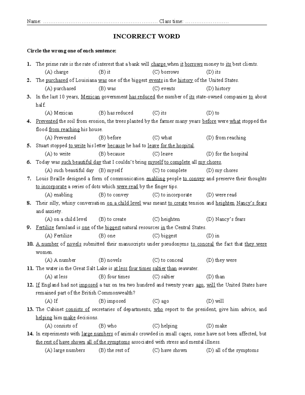 Grammar TEST 3 Incorrect Words - Name: - Studocu