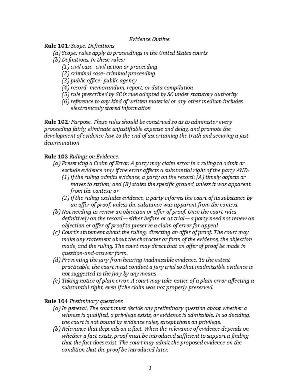 Evidence Outline - Evidence Outline Rule 101: Scope; Definitions (a ...