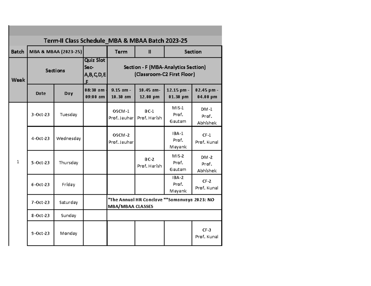 Time table term 2 - From Notes - Batch Term II Quiz Slot Sec- A,B,C,D,E ...