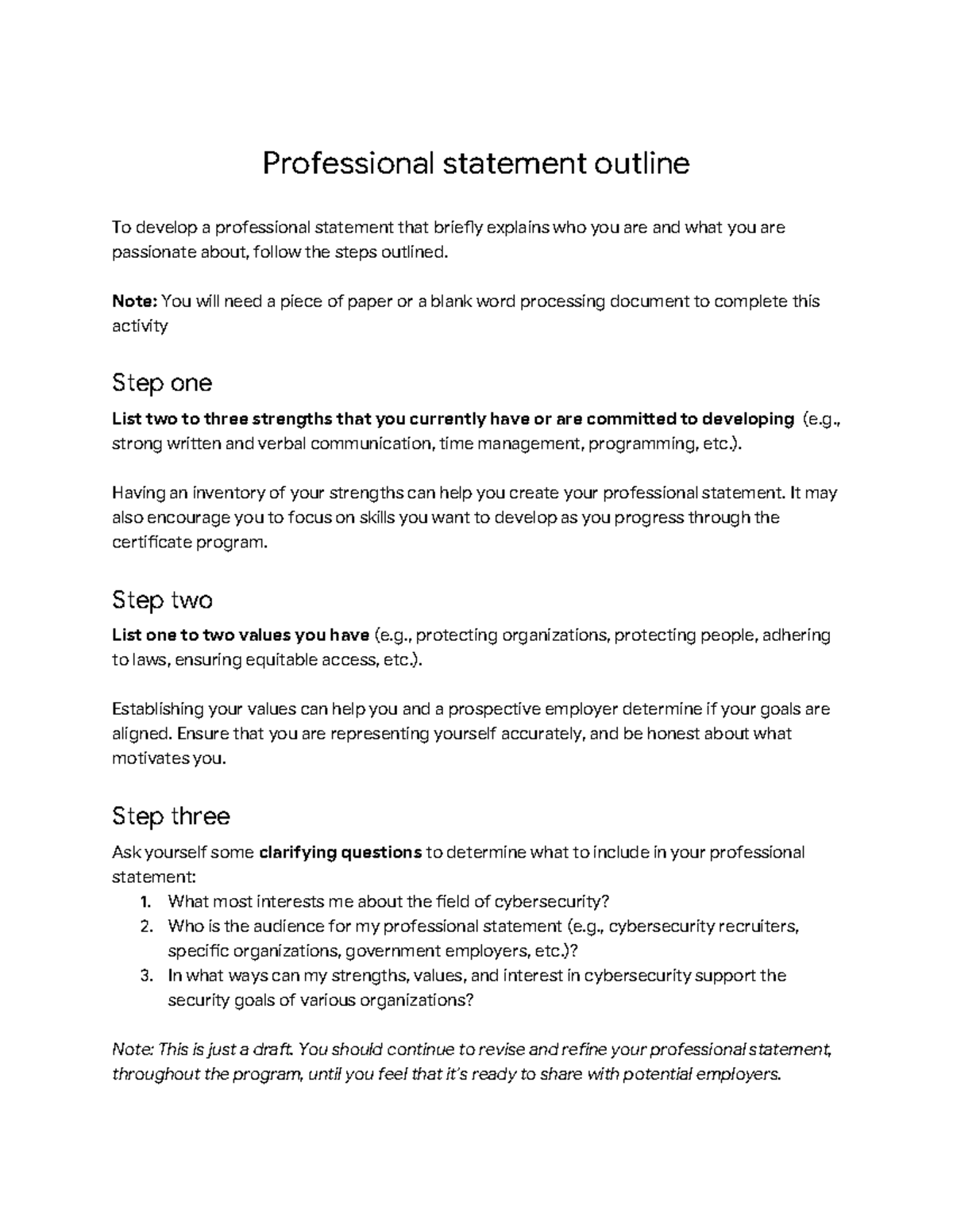 Professional statement outline - Note: You will need a piece of paper ...