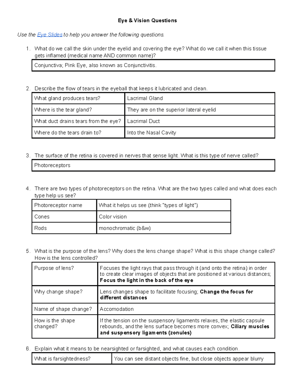 Eye vision questions - Eye & Vision Questions Use the Eye Slides to ...