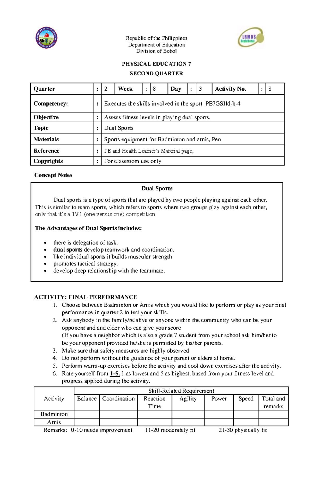 PE7-Q2-Wk8 - Needed LAS - Republic of the Philippines Department of ...