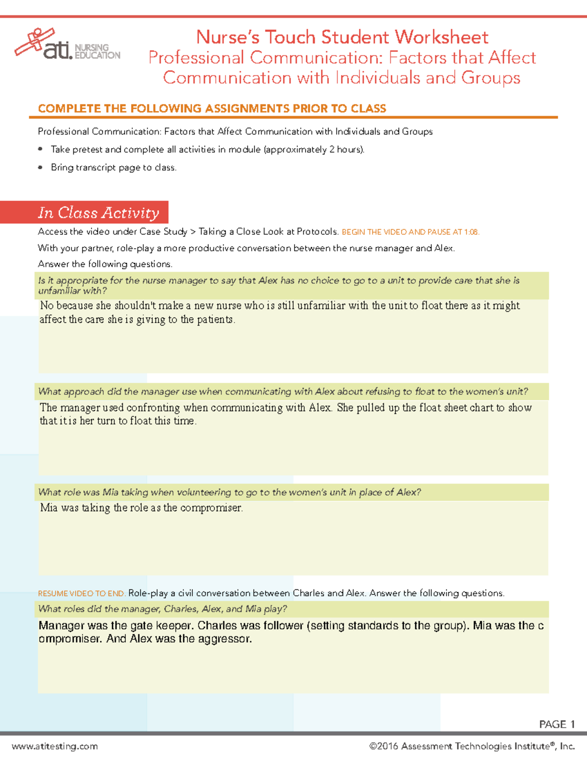 ATI Communication with Individuals and Groups Student Worksheet ...