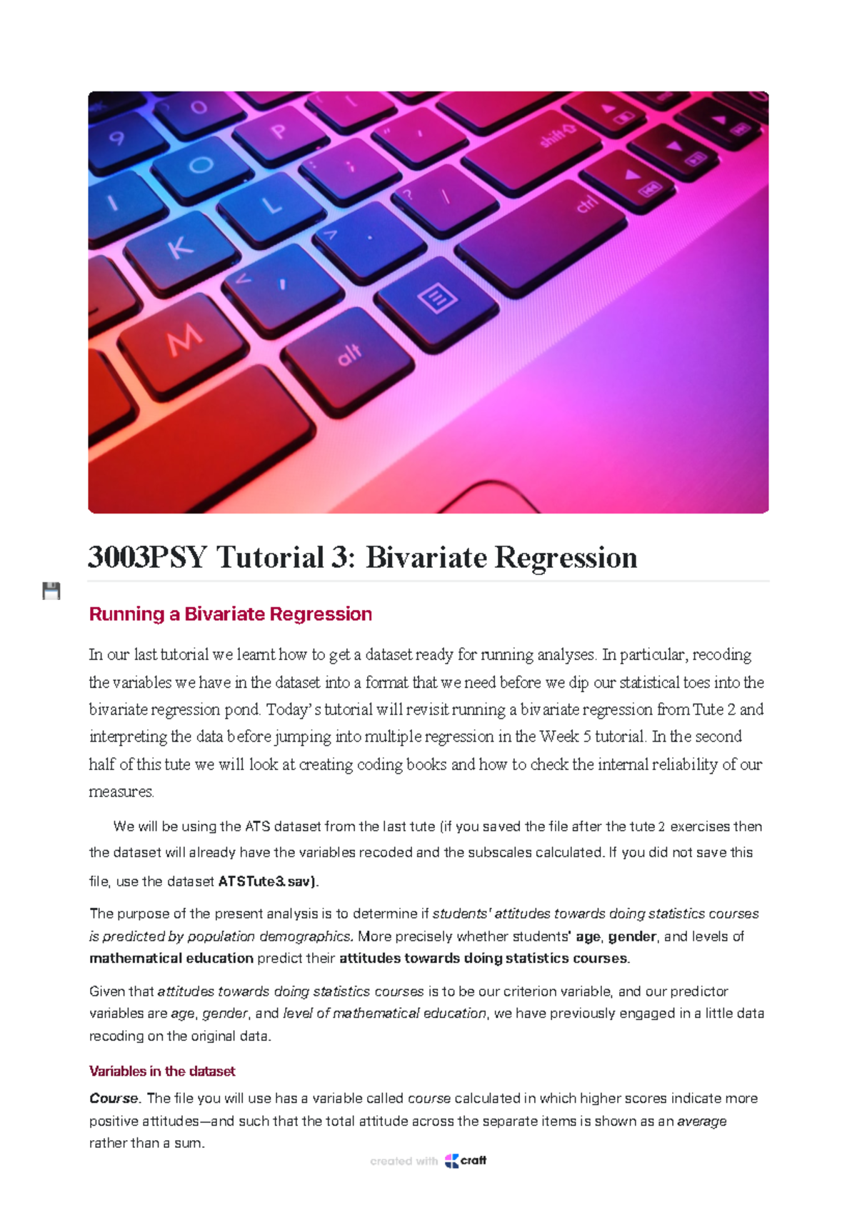 3003PSY Tutorial 3 Bivariate Regression - 3003PSY Tutorial 3: Bivariate Regression Running a ...
