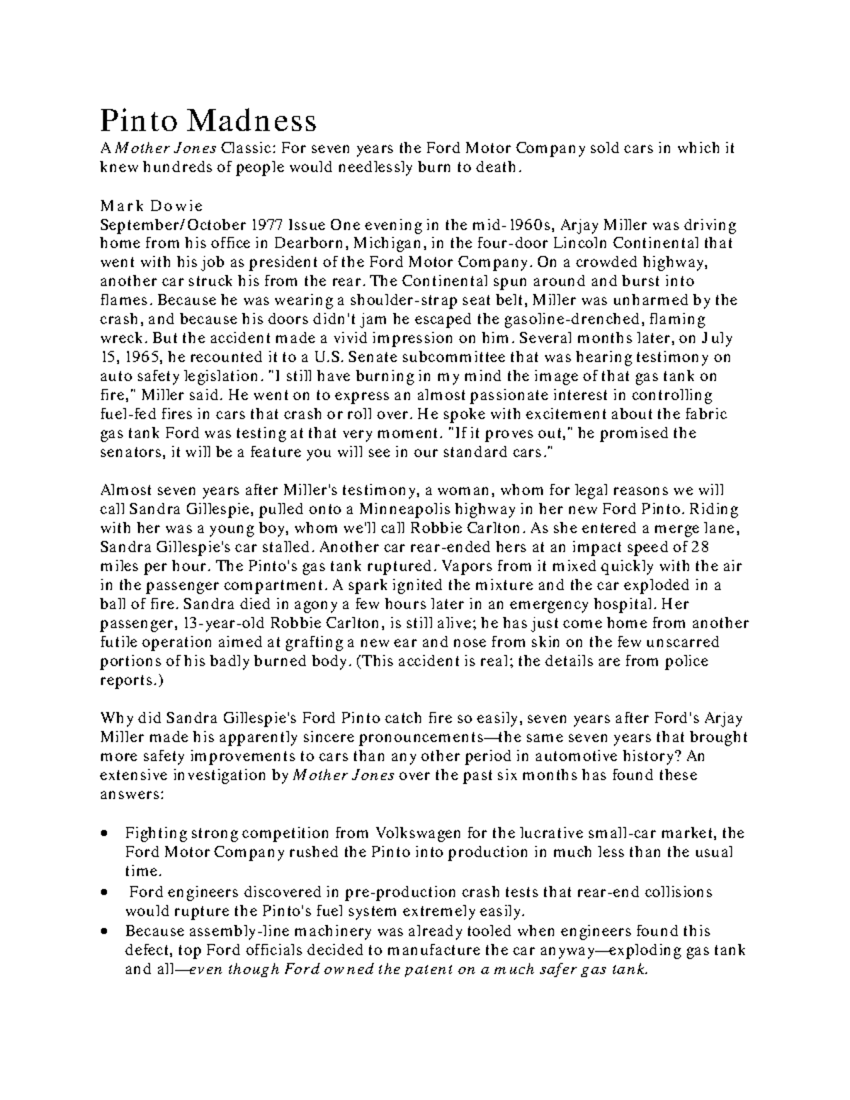 Pinto madness - bjhb - Pinto Madness A Mother Jones Classic: For seven ...