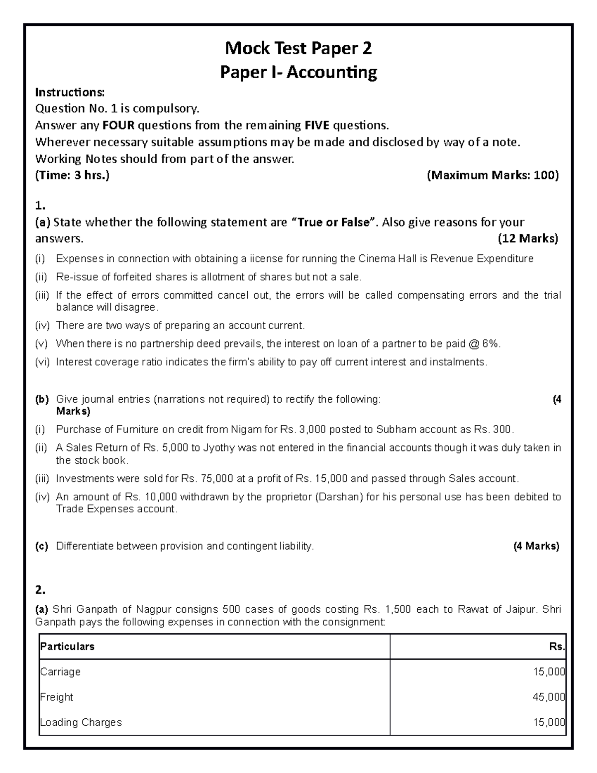 Accounts Mock Test Paper 2 - Mock Test Paper 2 Paper I- Accounting ...
