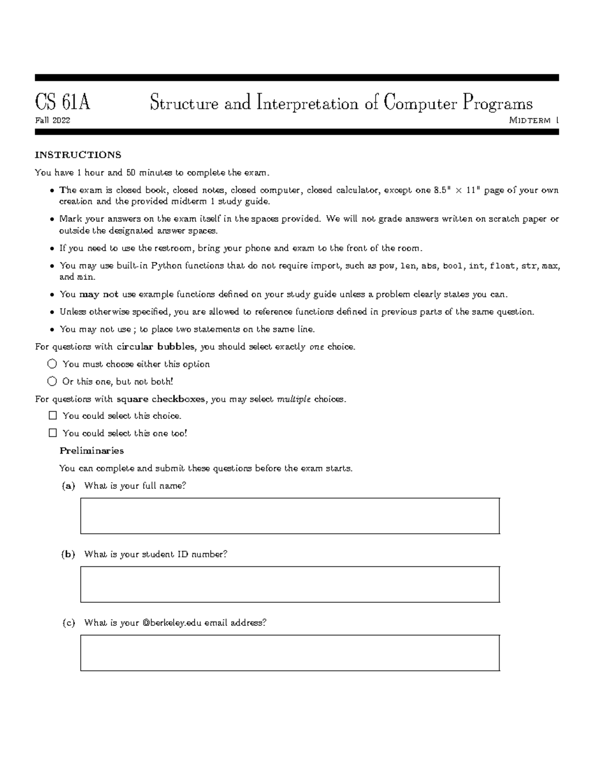 61a-fa22-mt1 - past midterms - CS 61A Structure and Interpretation of Computer Programs Fall ...