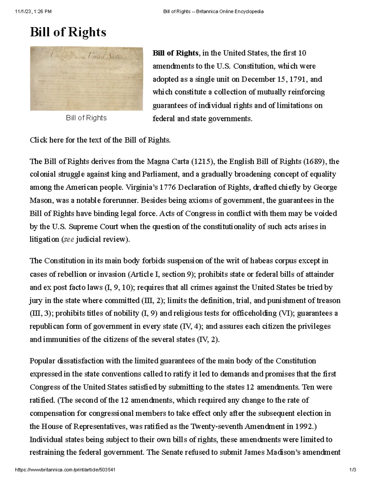 Bill of Rights - Britannica Online Encyclopedia - 11/1/23, 1:26 PM Bill ...