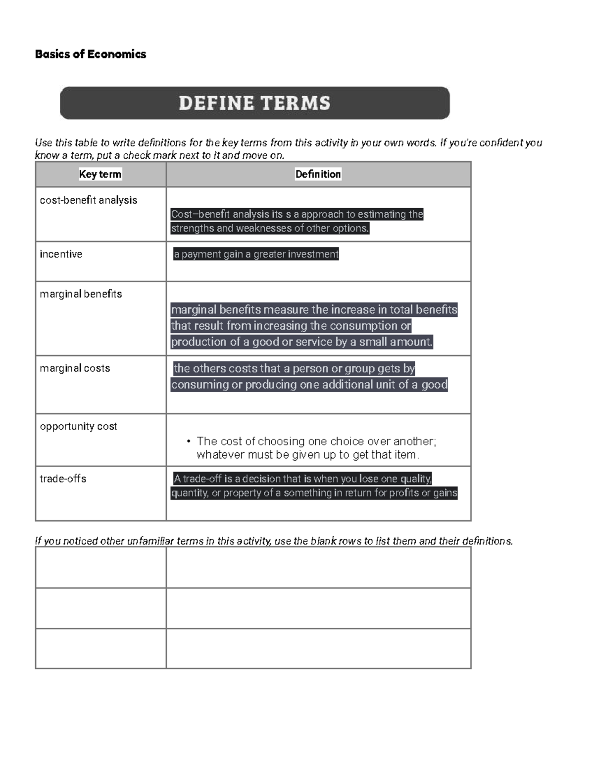 Janco Guzman - Basics of Economics - Basics of Economics Use this table ...