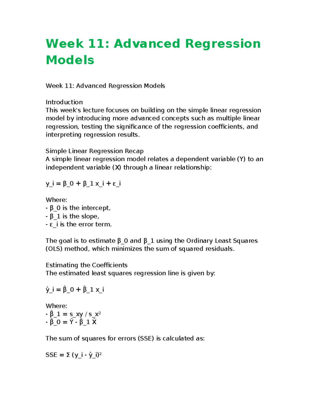 Week 11 Advanced Regression Models Data Analytics Week 11 Advanced Regression Models Week