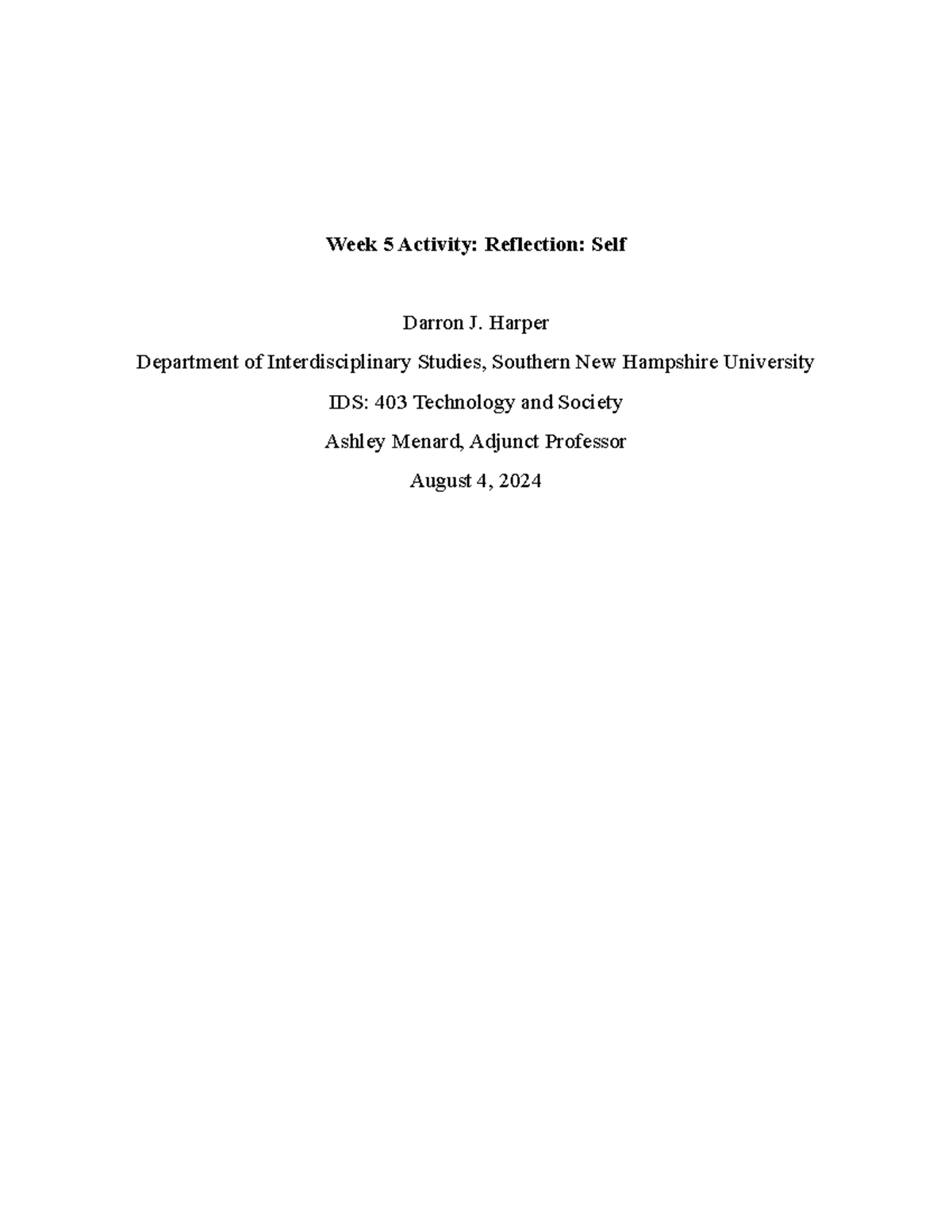 IDS403 Week 5 Activity - Week 5 Activity: Reflection: Self Darron J ...