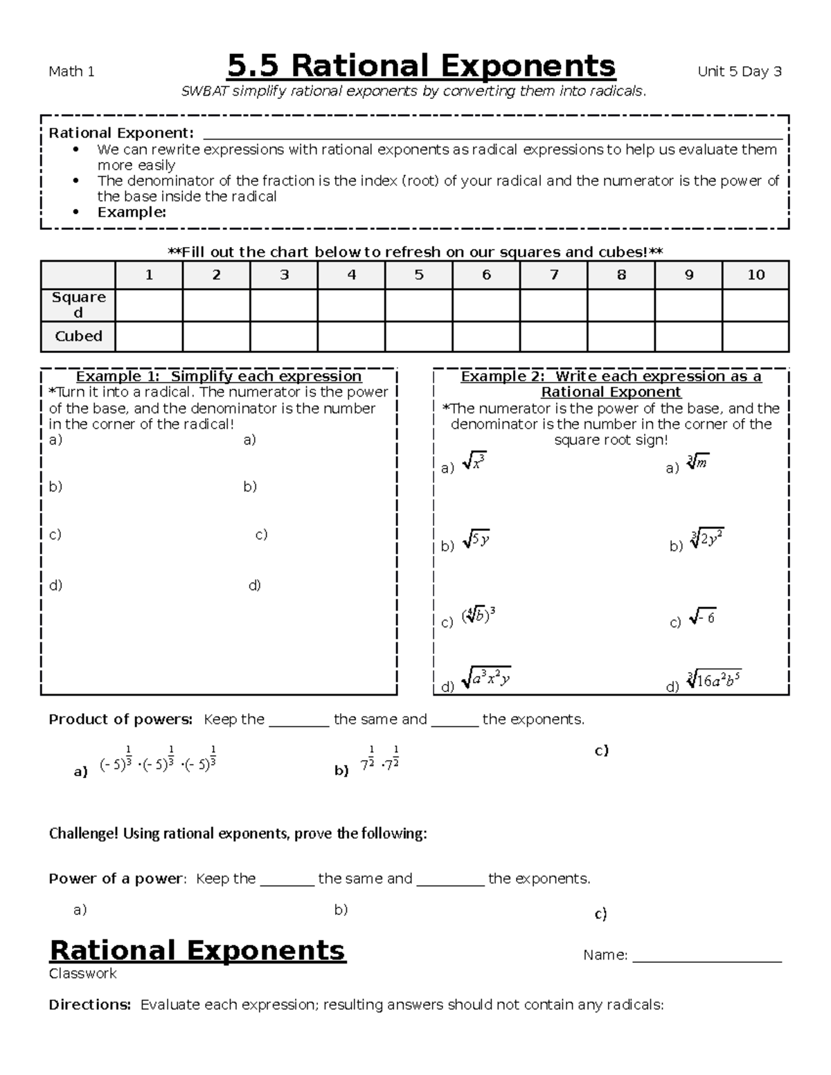 5 5 Rational Exponents Math 1 5 Rational Exponents Unit 5 Day 3 SWBAT 5-5-rational-exponents-math-1-5-rational-exponents-unit-5-day-3-swbat