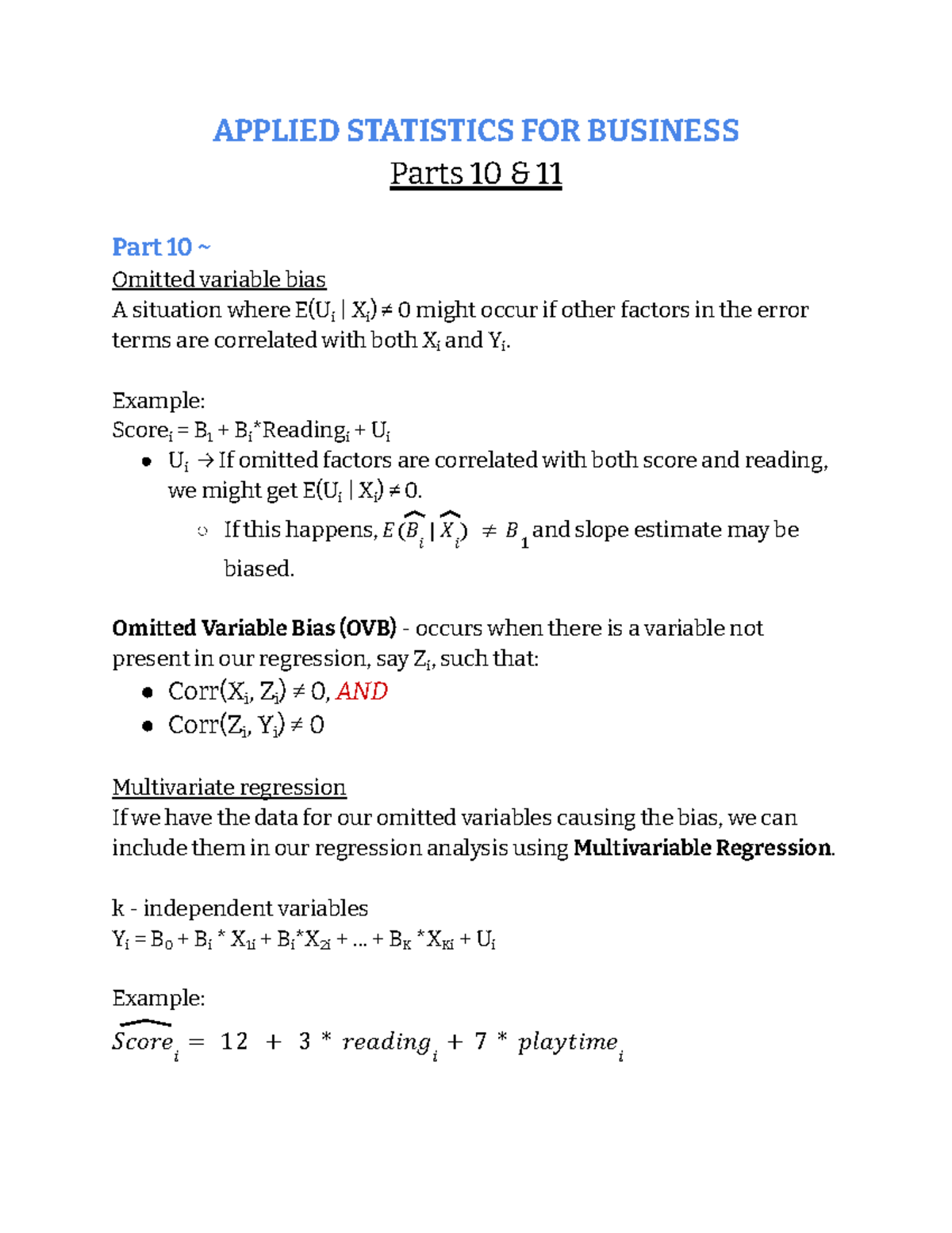 APP Stats FOR BUS Parts 10,11 - APPLIED STATISTICS FOR BUSINESS Parts ...