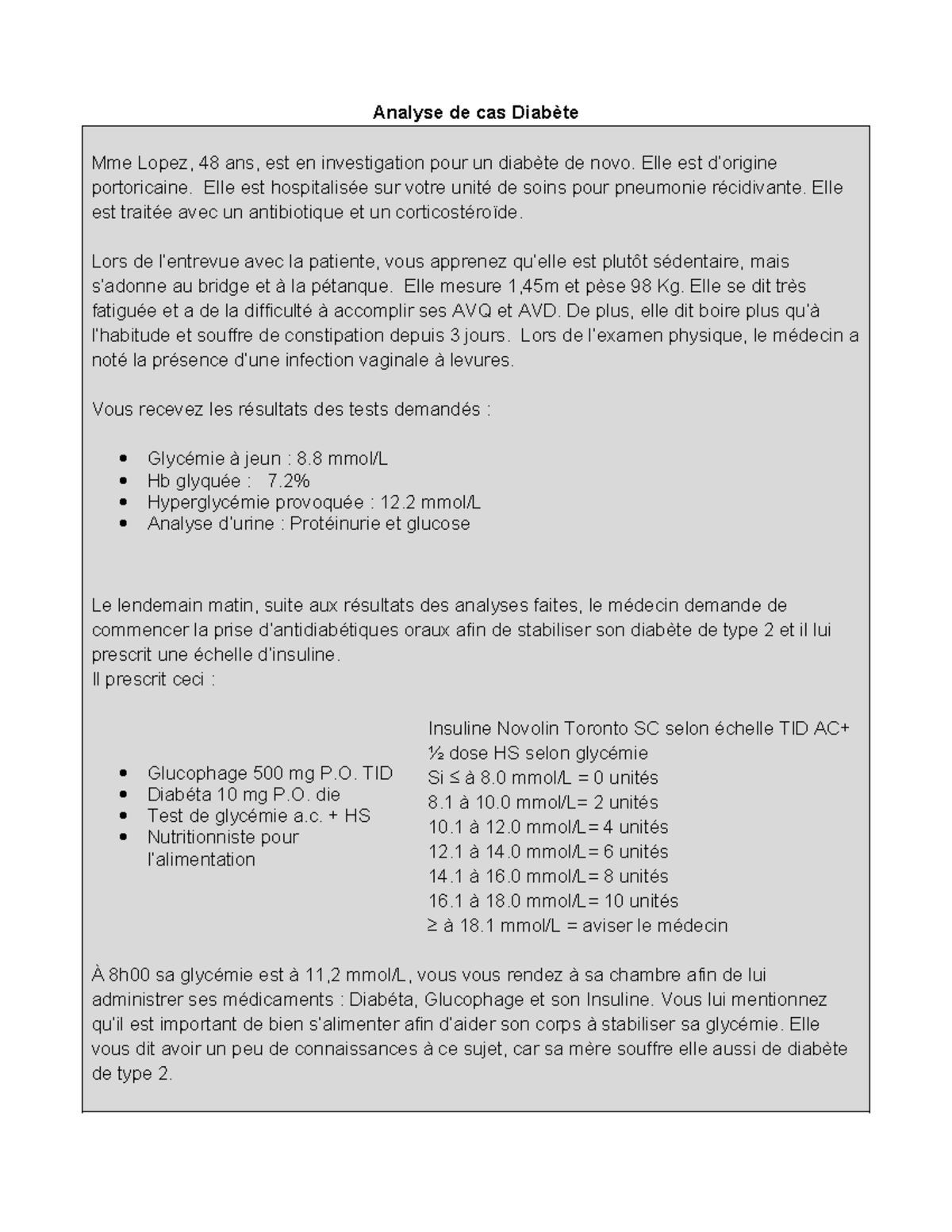 Analyse de cas Diabète - Analyse de cas Diabète Mme Lopez, 48 ans, est ...