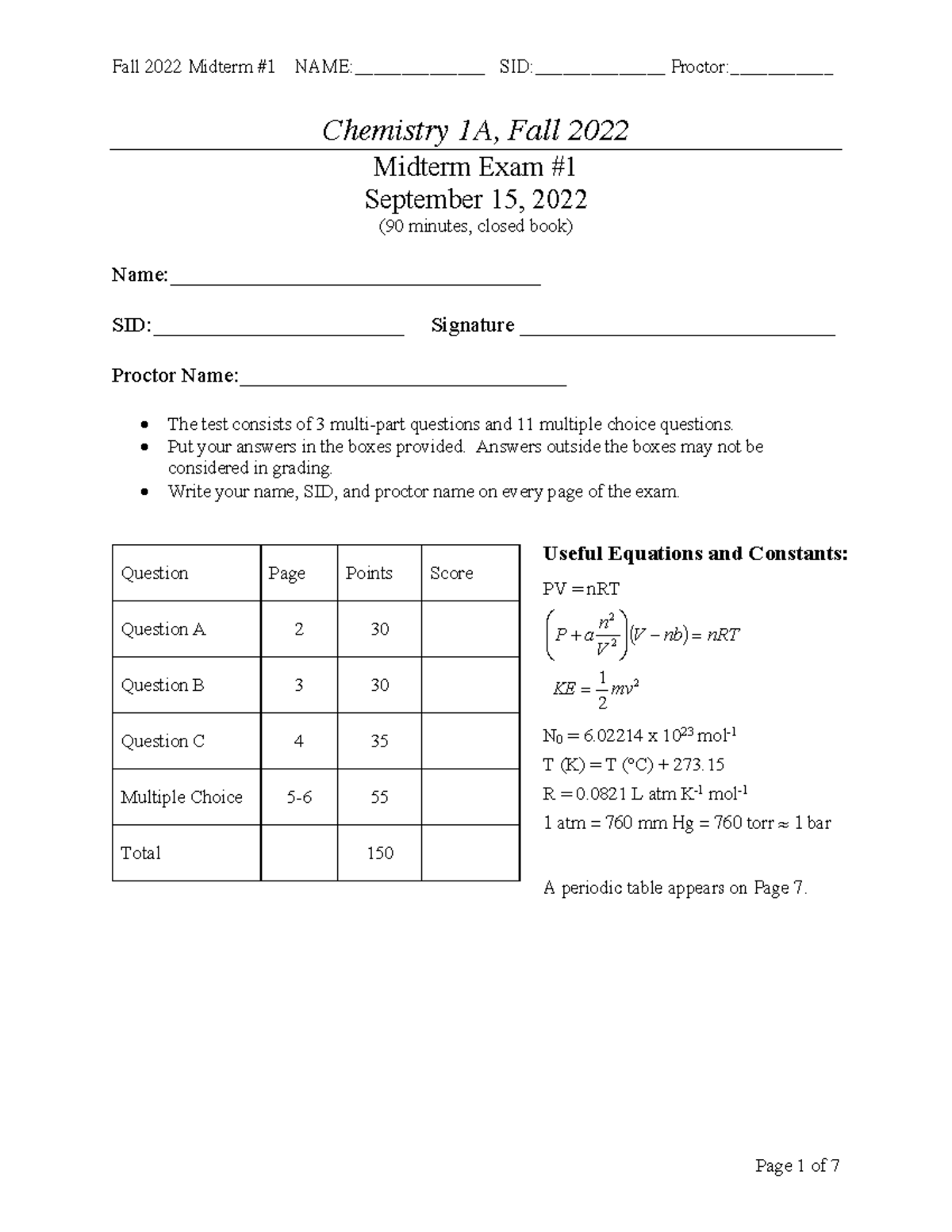 Chem 1A MT1 F22 - midterm 1 - Chemistry 1A, Fall 2022 Midterm Exam ...