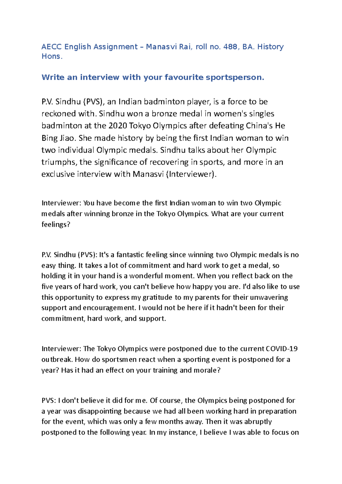 AECC English Assignment (interview) - AECC English Assignment – Manasvi Rai, roll no. 488, BA ...