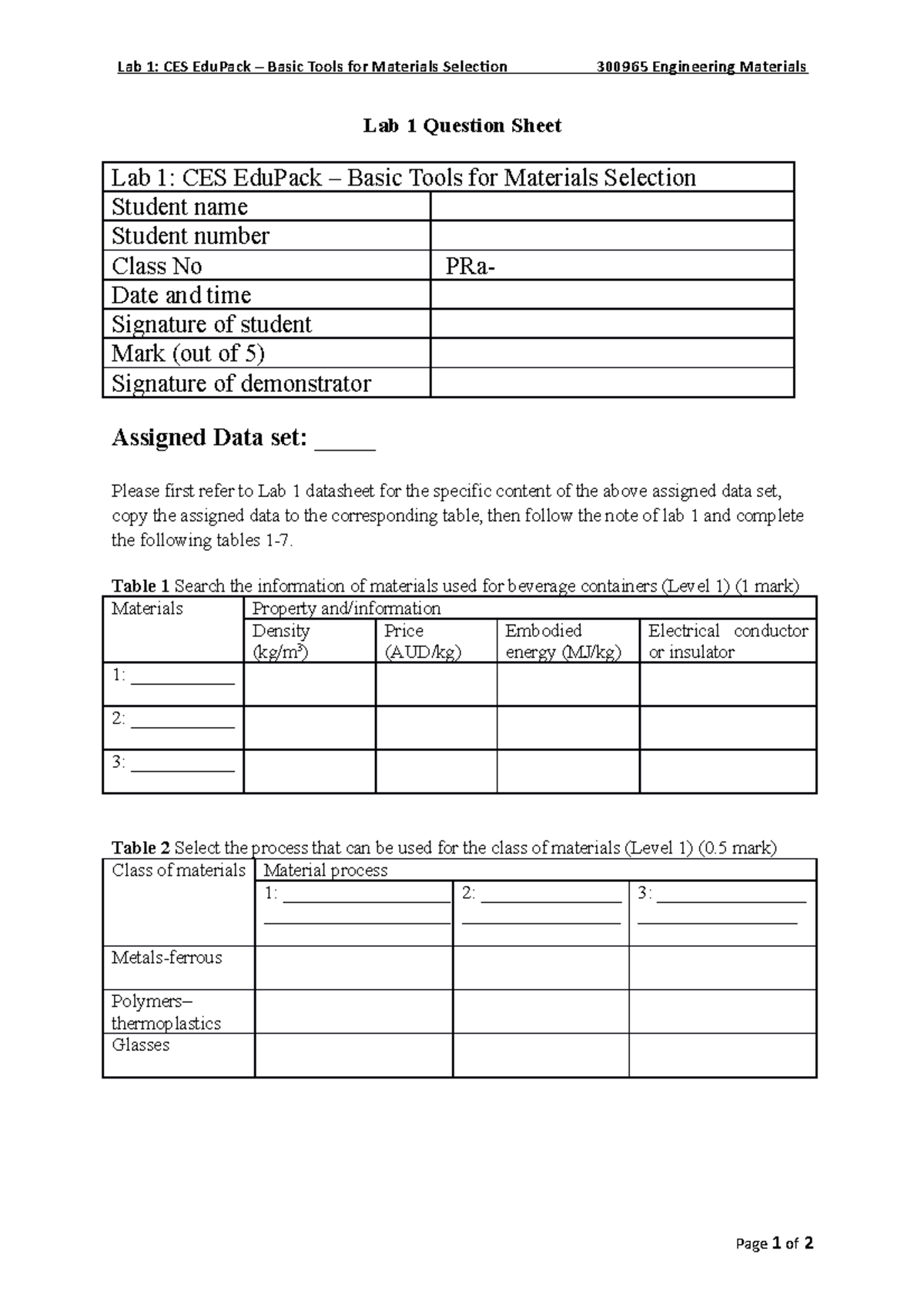 Lab 1 Question sheet - Lab 1: CES EduPack – Basic Tools for Materials ...