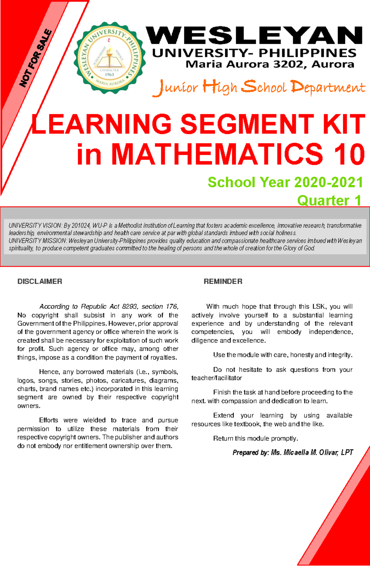 MATH 10 modules - Junior High School Department LEARNING SEGMENT KIT in ...