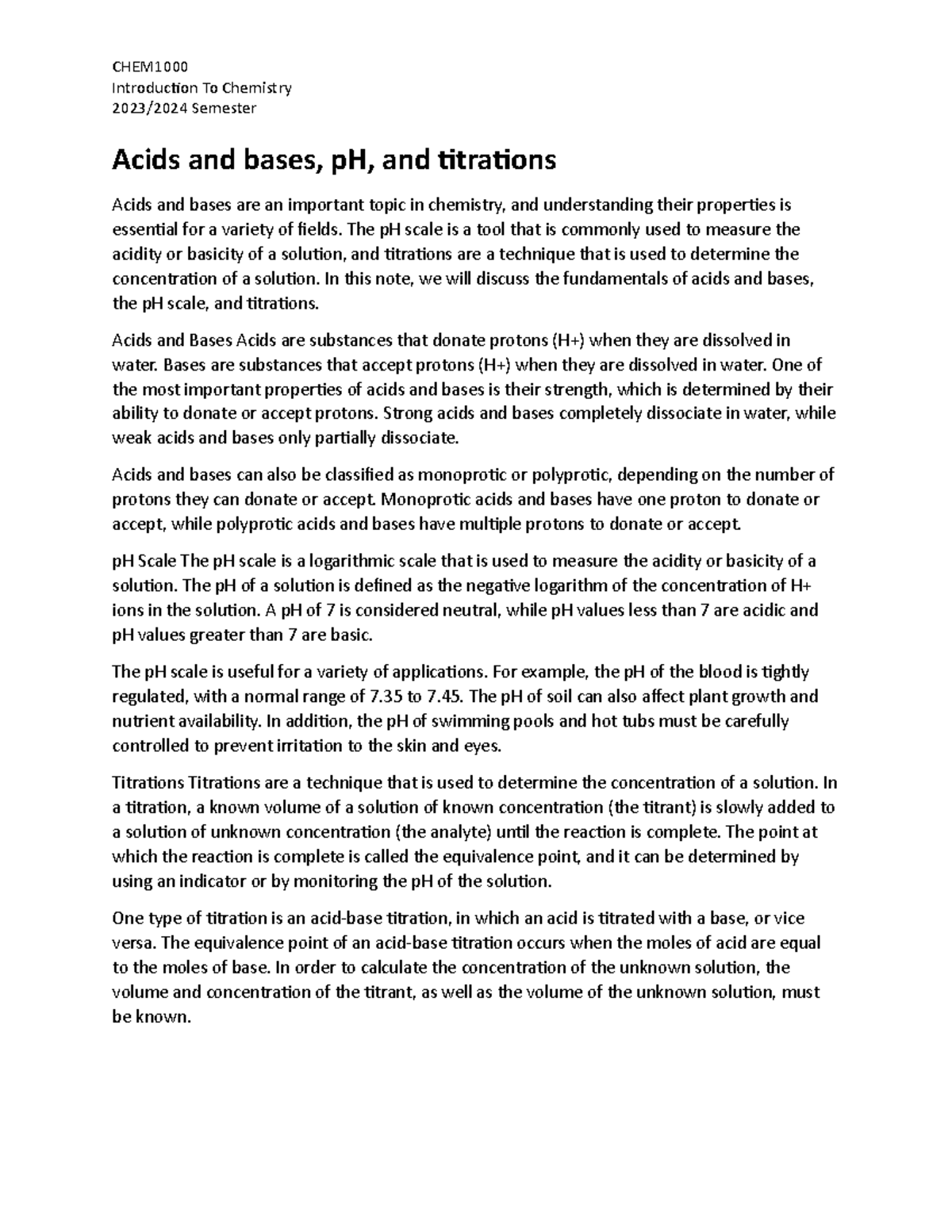 Acids and bases, p H, and titrations - CHEM Introduction To Chemistry ...