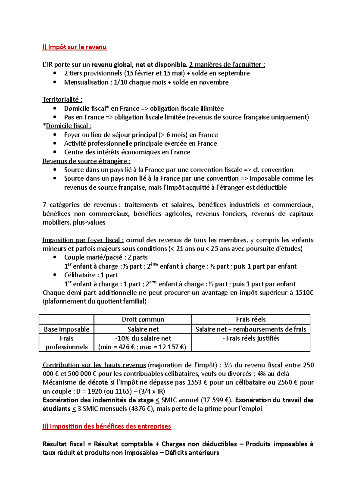 Résumé fiscalité 1 - I) sur le revenu porte sur un revenu global, net ...