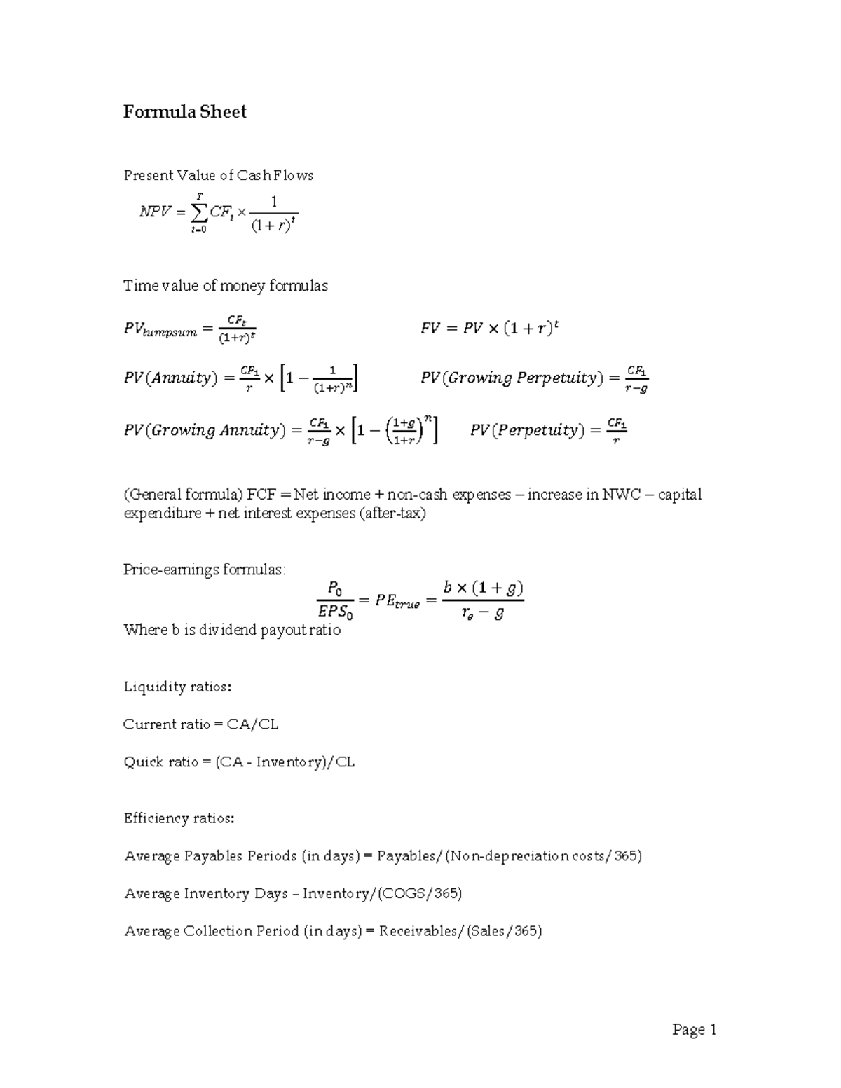 Formula Sheet Exam1 - exam notes - Page 1 Formula Sheet Present Value ...