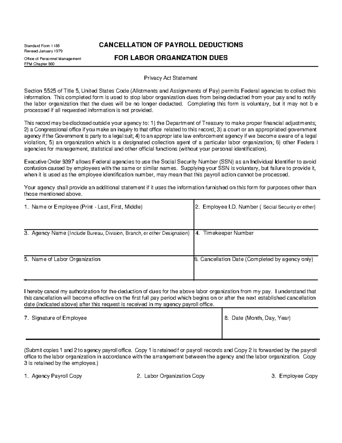 SF1188 Cancellation of Payroll Deductions for Labor Organi - Standard ...