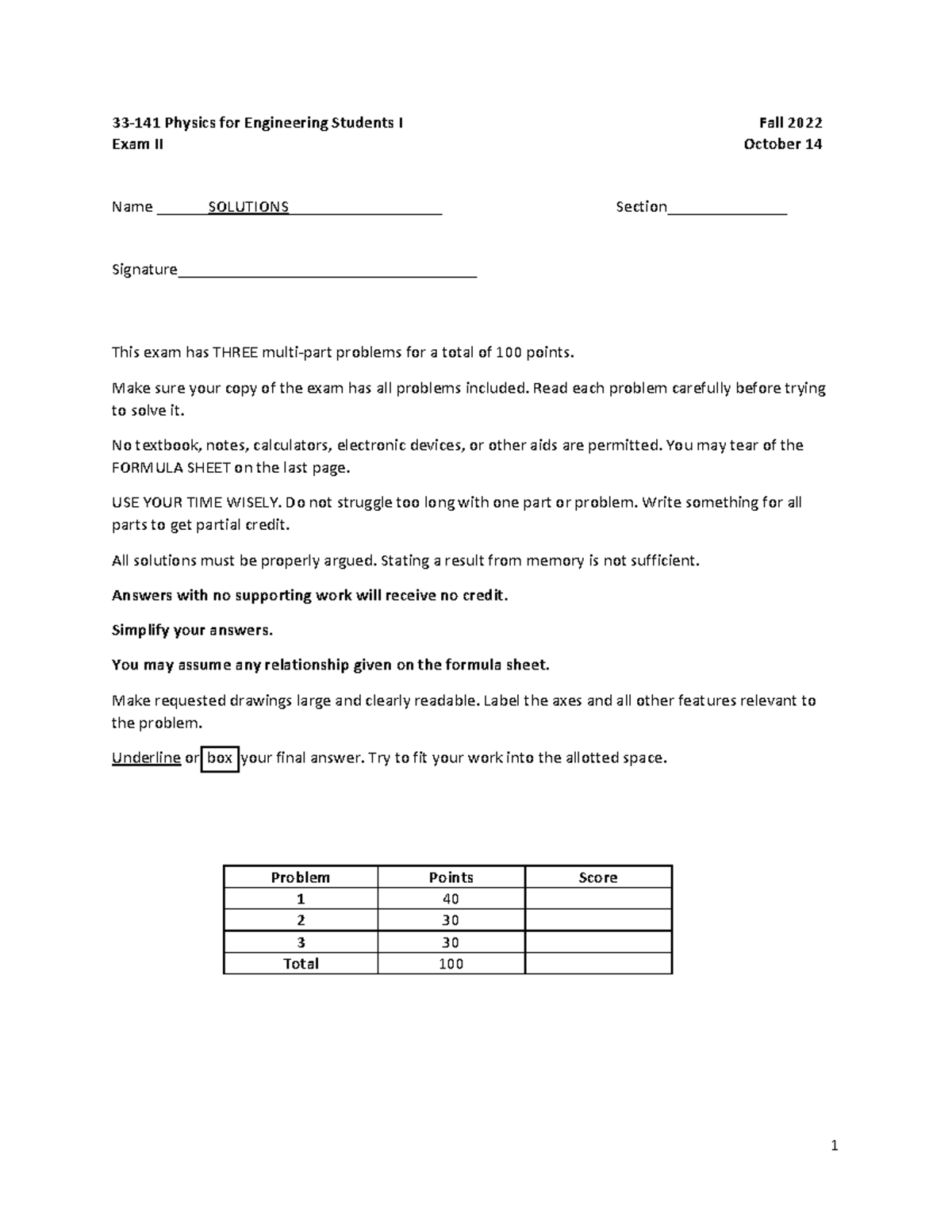 Exam II F22 Solutions - 33-141 Physics for Engineering Students I Fall 2022 Exam II October 14 ...