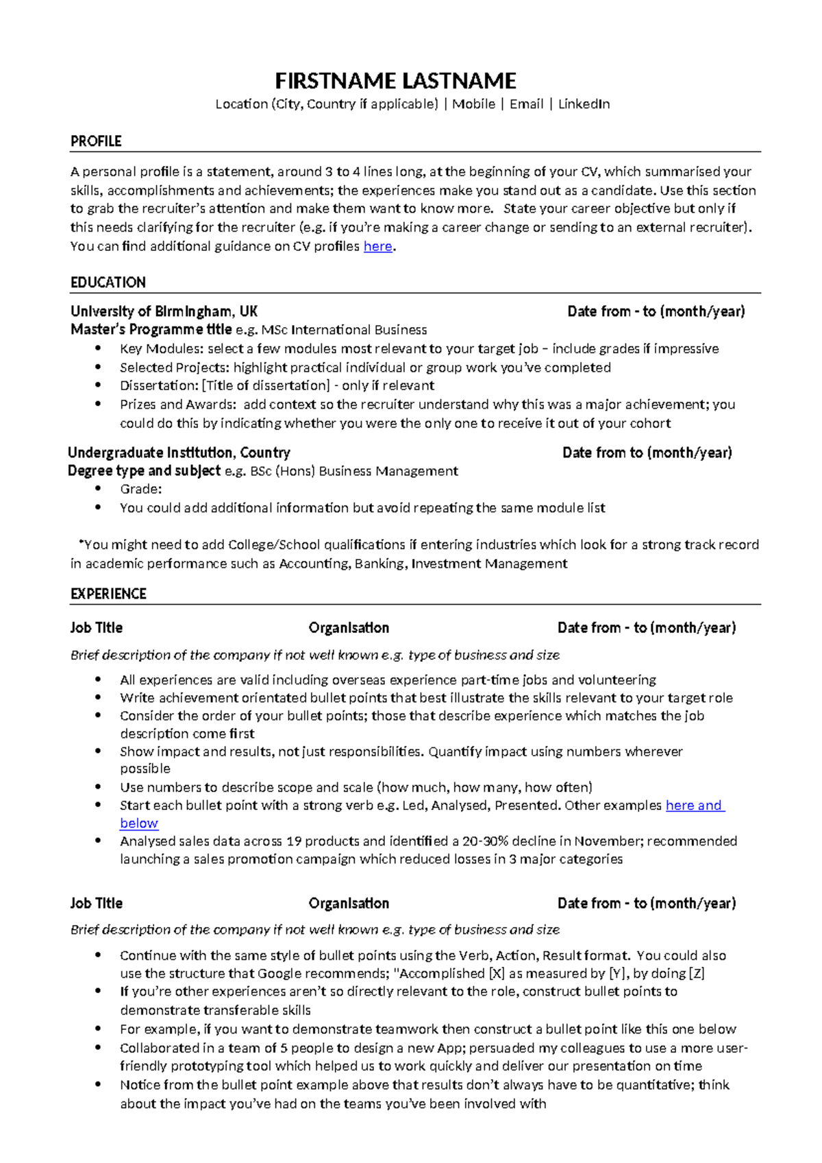 Uob pgt cv template 2022 - FIRSTNAME LASTNAME Location (City, Country ...