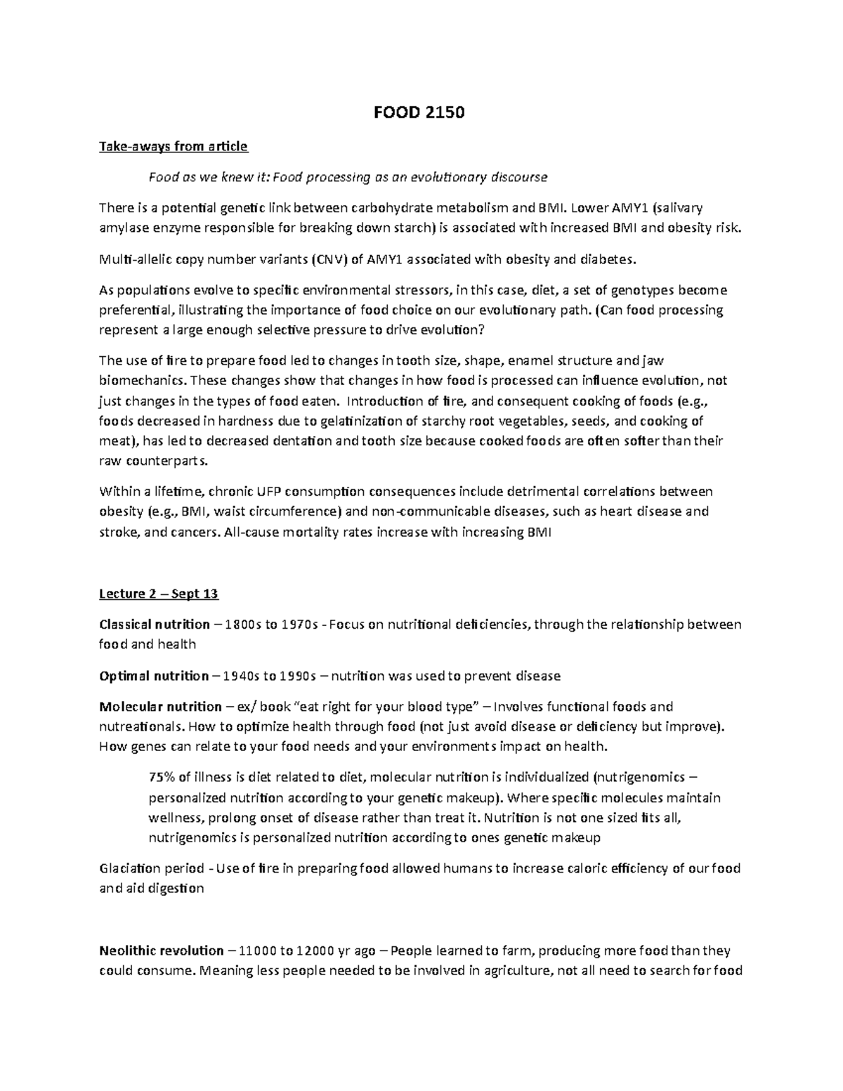 FOOD 2150 - lec notes - FOOD 2150 Take-aways from article Food as we ...