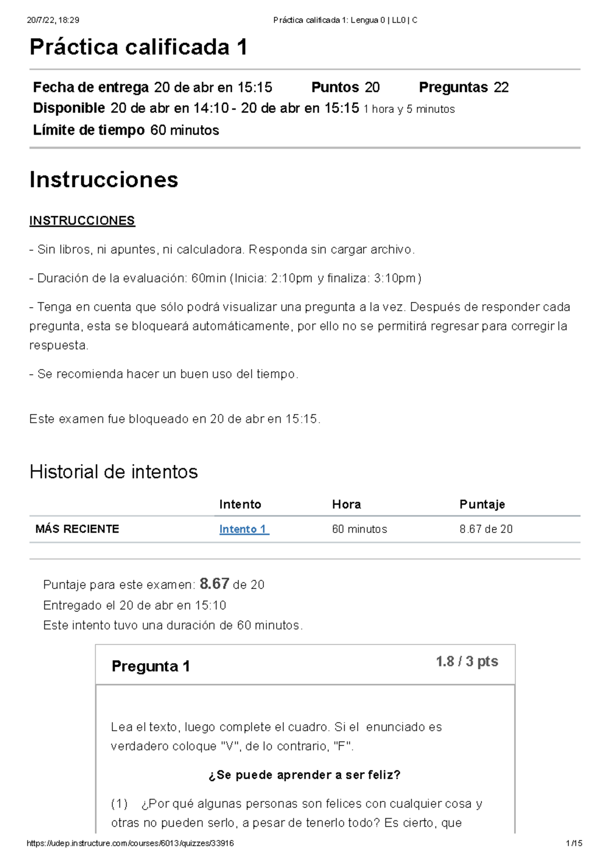 Práctica calificada 1 Lengua 0 LL0 C - Práctica calificada 1 Fecha de ...