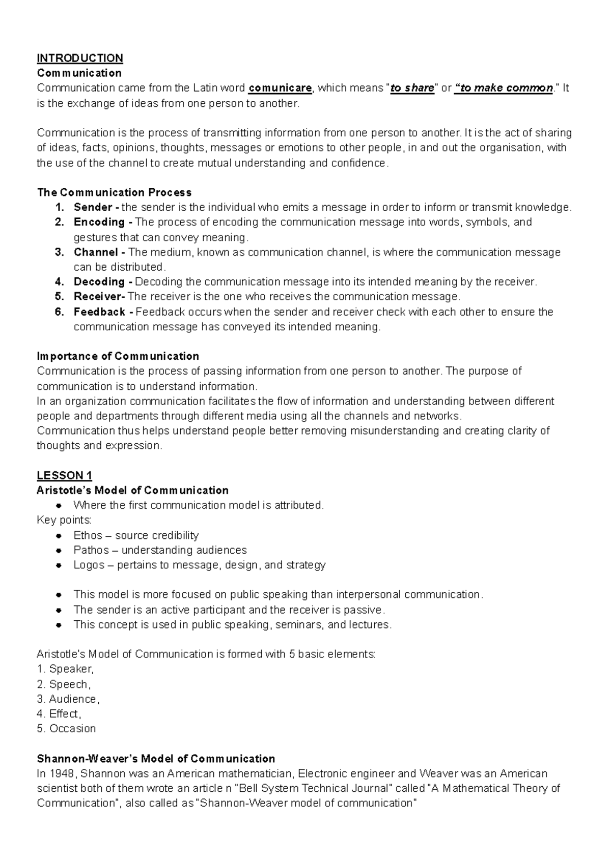 Purposive Communication -1 - INTRODUCTION Communication Communication came from the Latin word ...