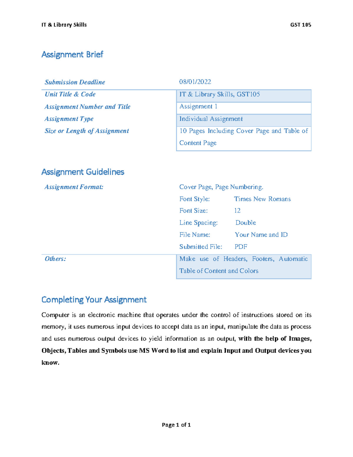 Assignment 1, IT and Library Skills - IT & Library Skills GST 105 Page ...
