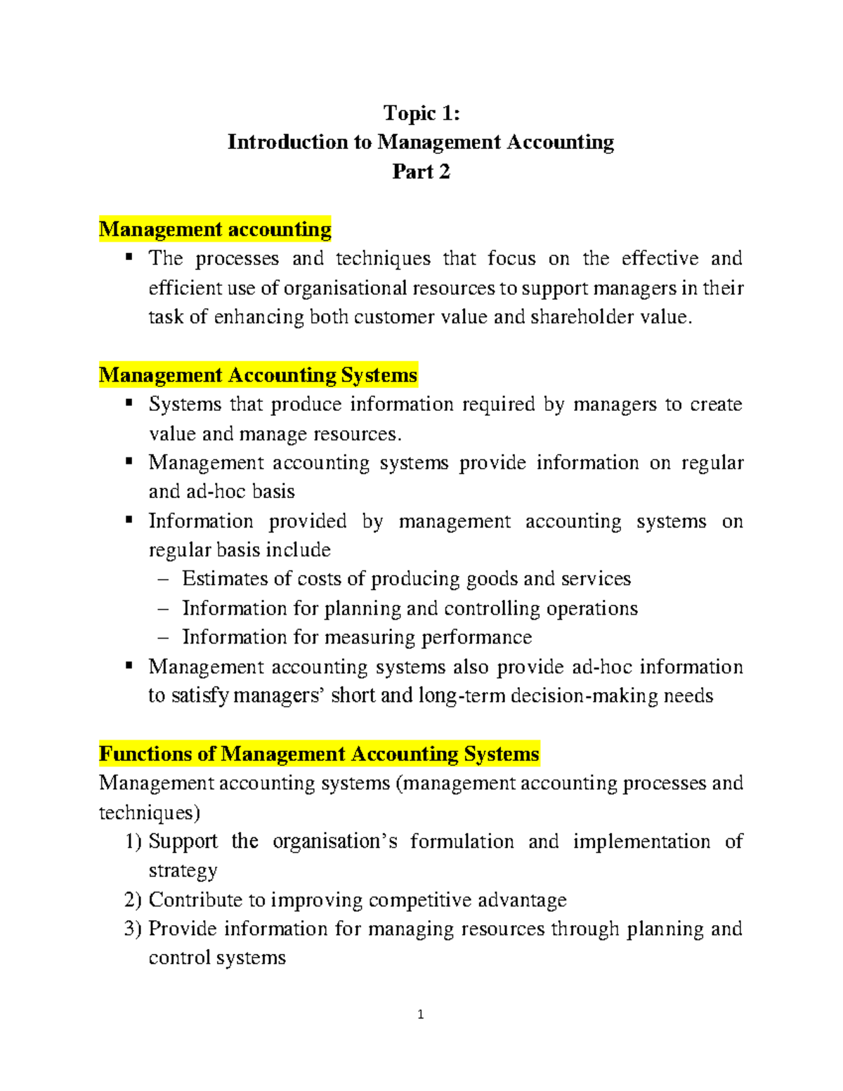 Topic 1 part2 - management accounting - Topic 1: Introduction to ...