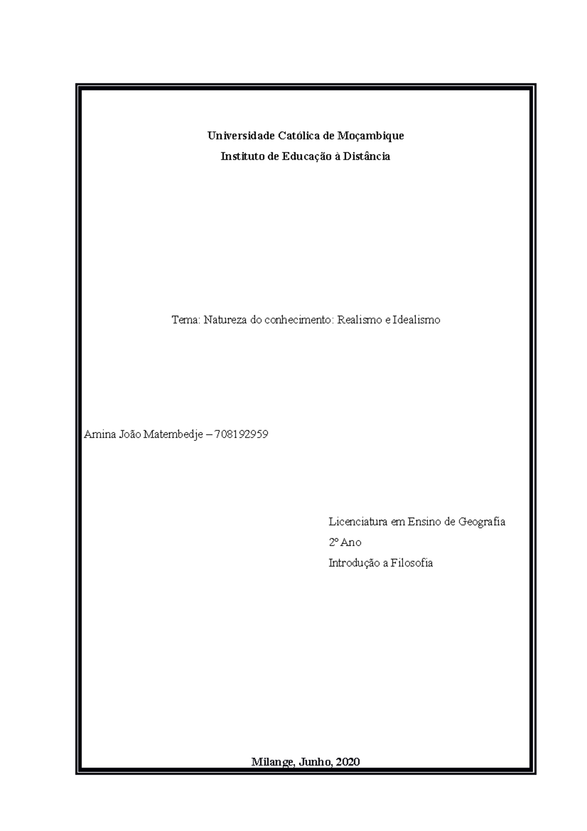 Filosofia - Universidade Católica de Moçambique Instituto de Educação à ...