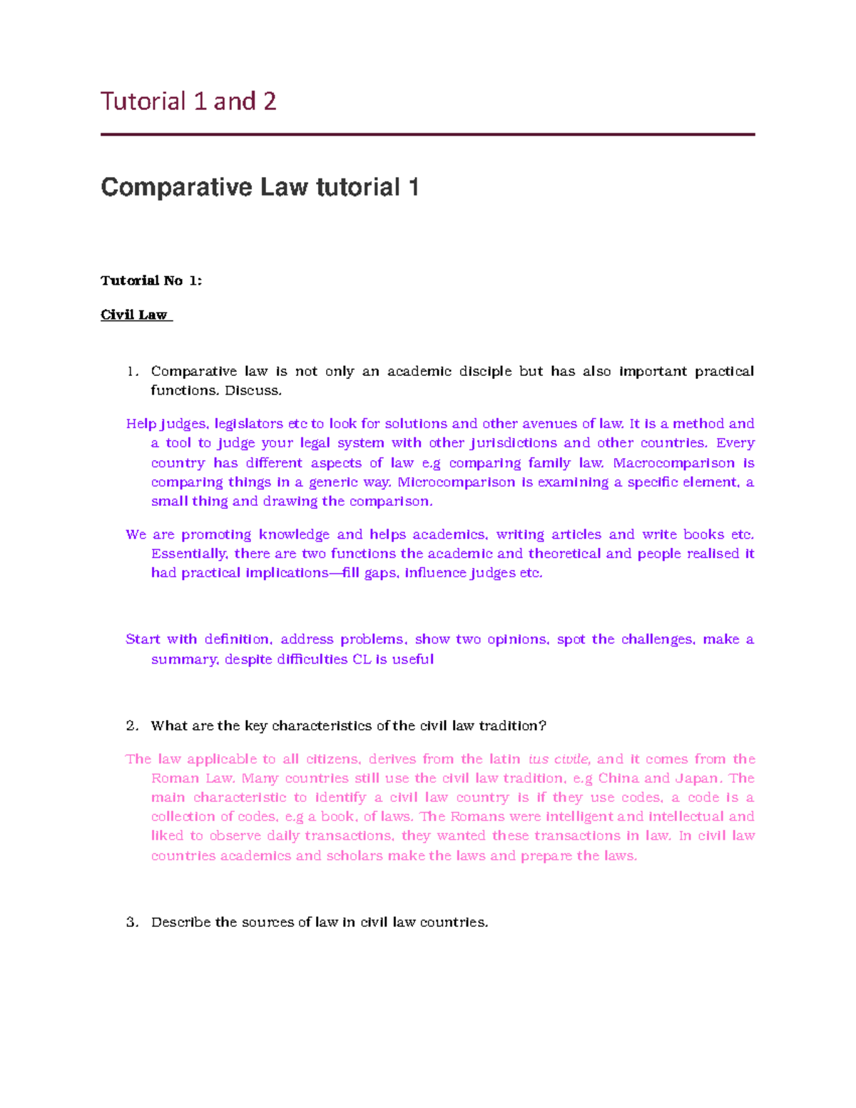 Tutorial 1 and 2 - Tutorial 1 and 2 Comparative Law tutorial 1 Tutorial ...