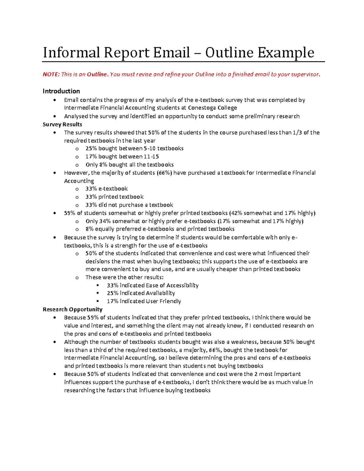 Informal Report Email Outline-Example - Informal Report Email – Outline ...