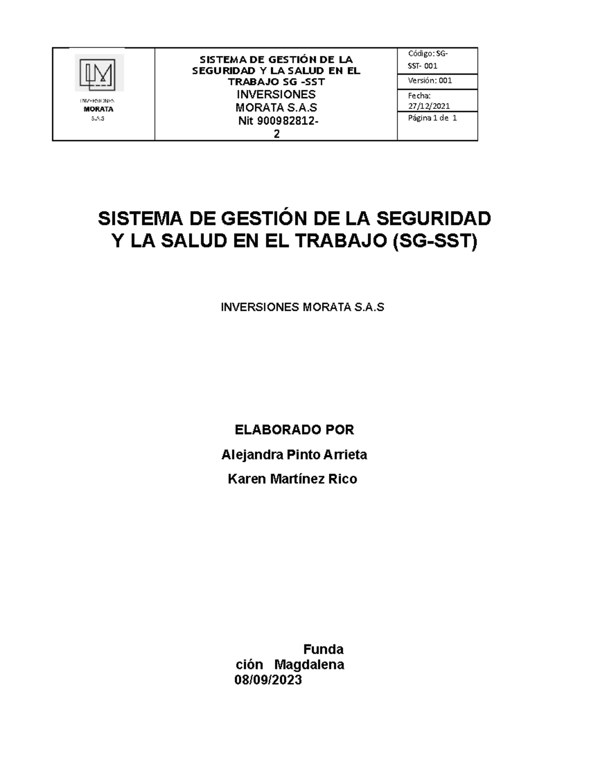 Modelo SG-SST - SISTEMA DE GESTIÓN DE LA SEGURIDAD Y LA SALUD EN EL ...
