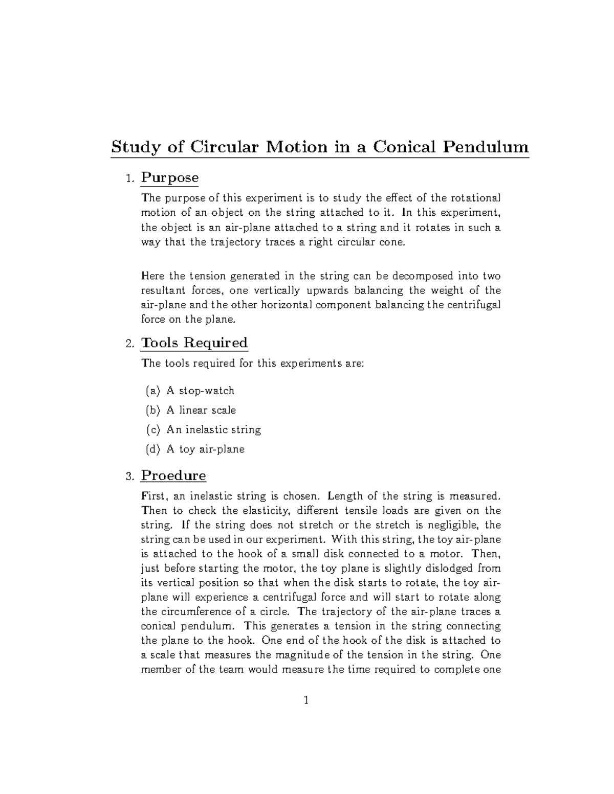 Lab-Circular Motion Conical Pendulum - Study of Circular Motion in a Conical Pendulum 1. Purpose ...