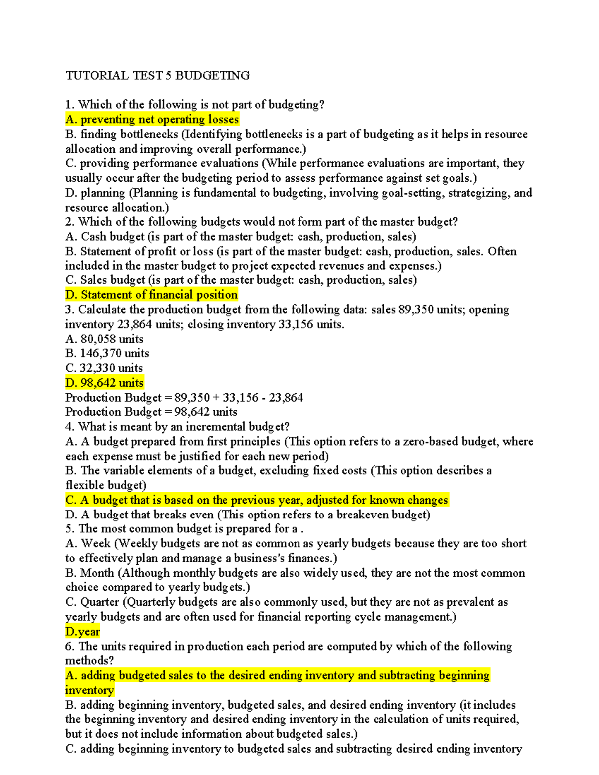 bài tập ttqt k3d1 - TUTORIAL TEST 5 BUDGETING Which of the following is ...