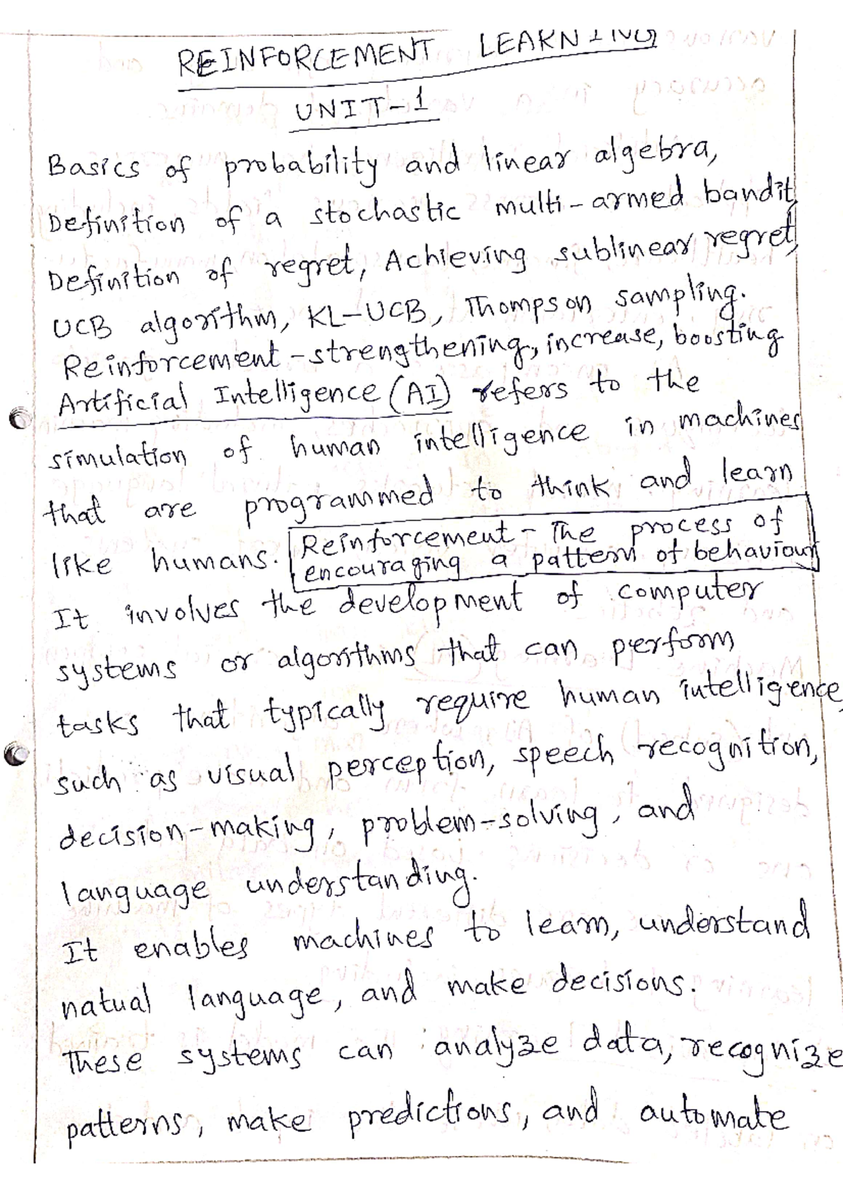 RL Unit-1 - rl unit 5 - REINFORCEMENT LEAKN LIVE Basics of probability ...