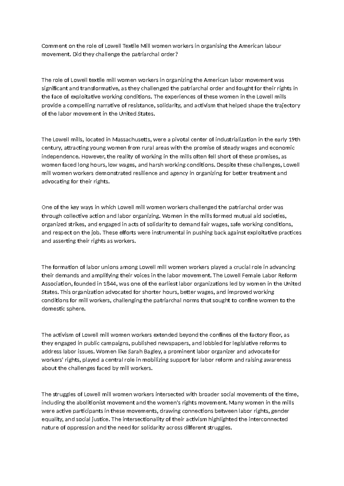 Comment on the role of Lowell Textile Mill women workers in organising ...