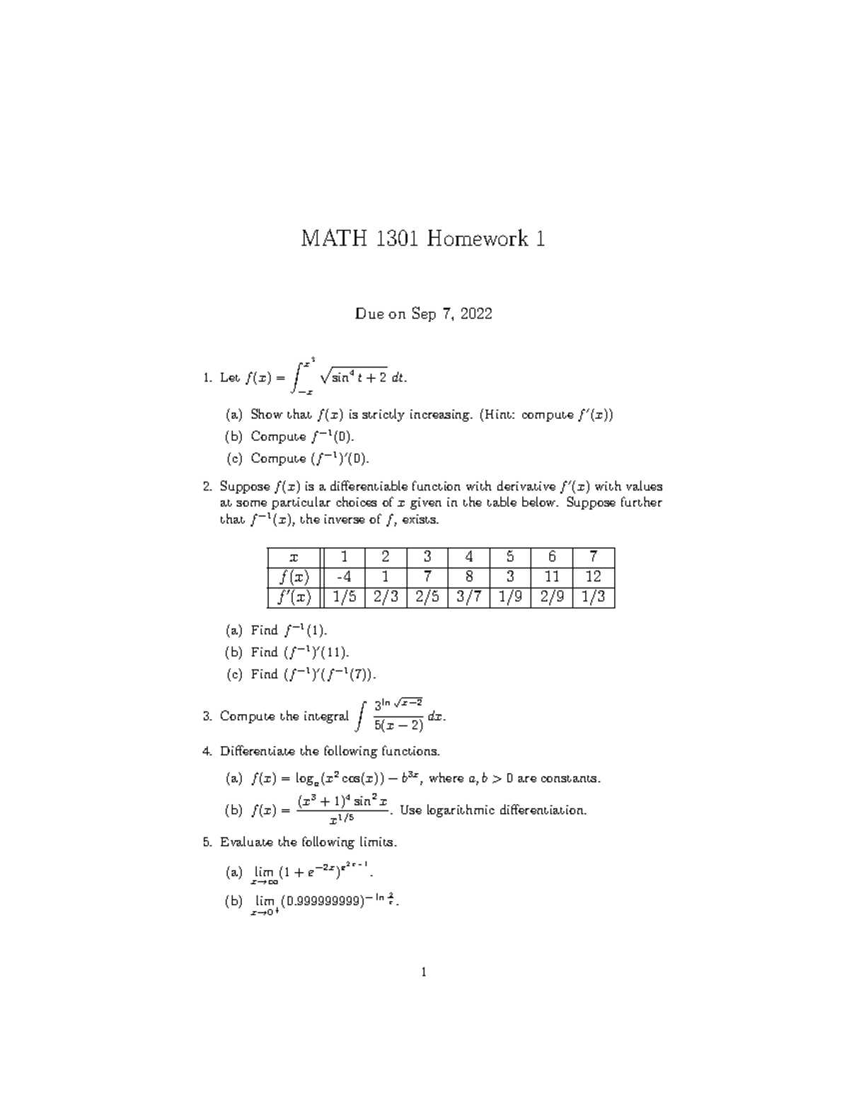 Math 1301 Homework 1 / Inverse Functions - MATH 1301 Homework 1 Due on ...