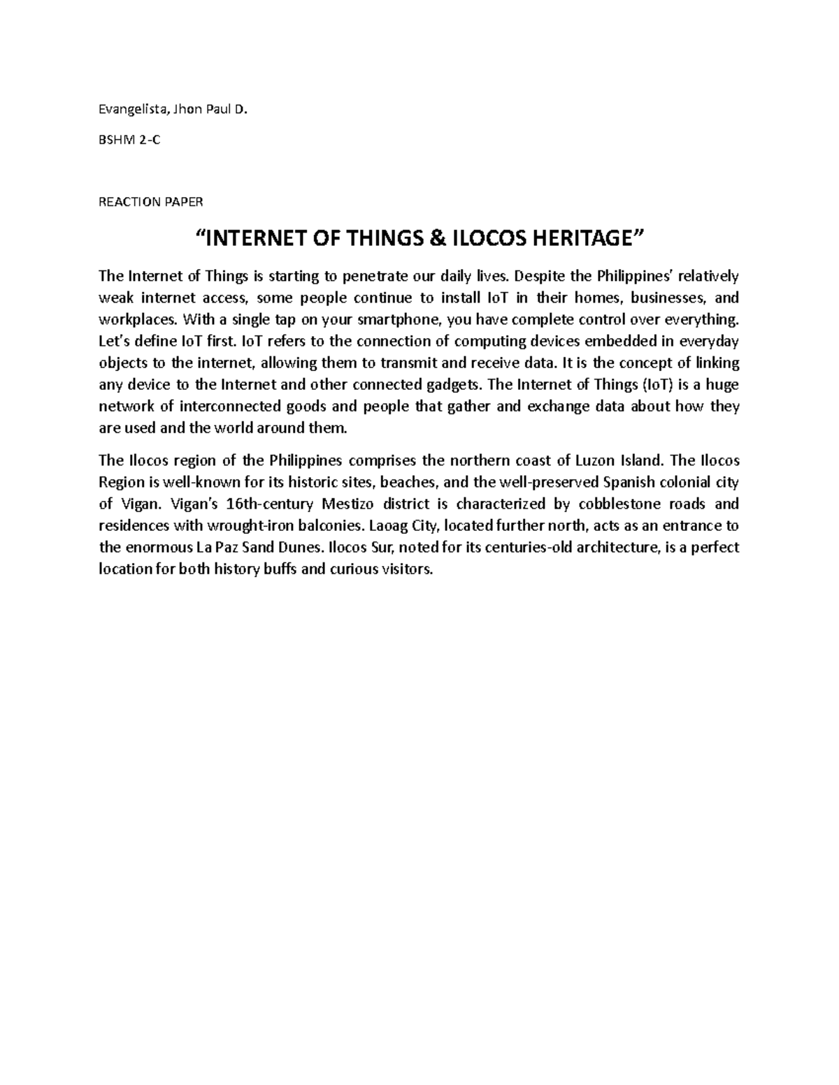Evangelista BSHM 2C Internet OF Things Ilocos Heritage - Evangelista ...