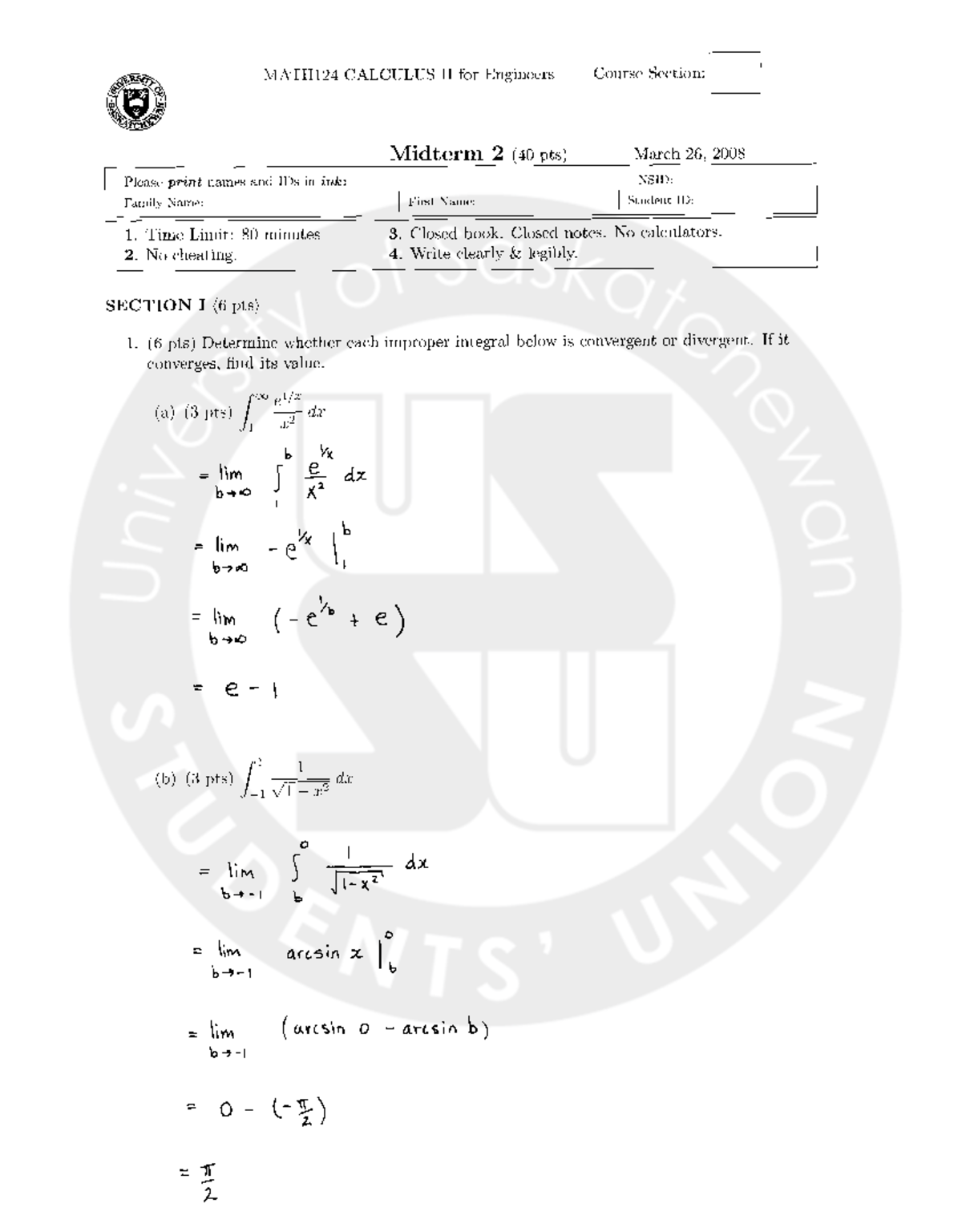 Exam 2008, Questions And Answers - MATH124 CALCULUS I1 for Engineers Course Section: I I Midterm ...
